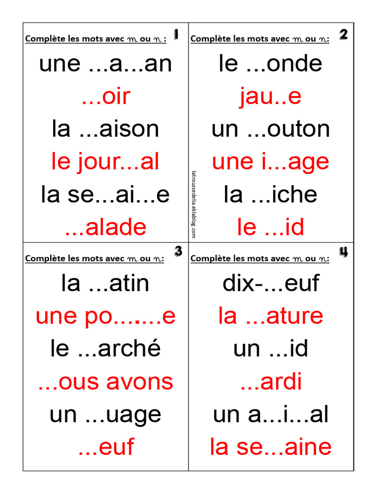 Mots à compléter avec m ou n | PDF
