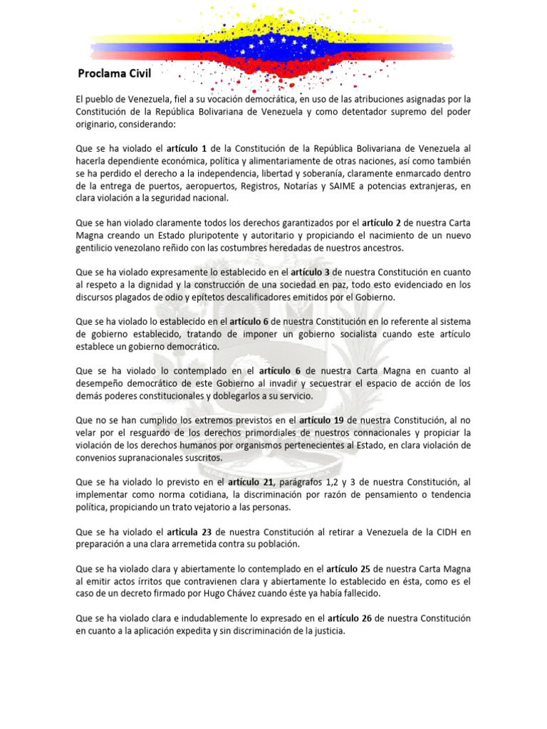 Proclama de Desconocimiento al Gobierno Venezolano | PDF | Constitución ...