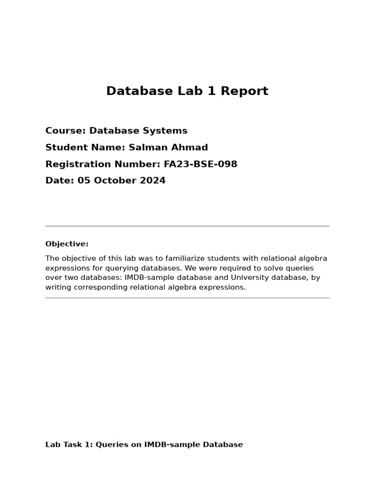 Comsats Atd Database Lab 1 Report | PDF | Relational Model | Relational Database