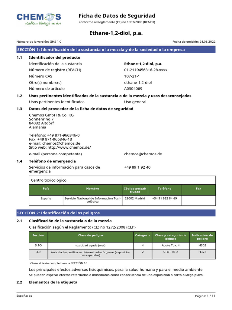Ficha de Datos de Seguridad Ethane-1,2-Diol, P.A | PDF | Agua | Química