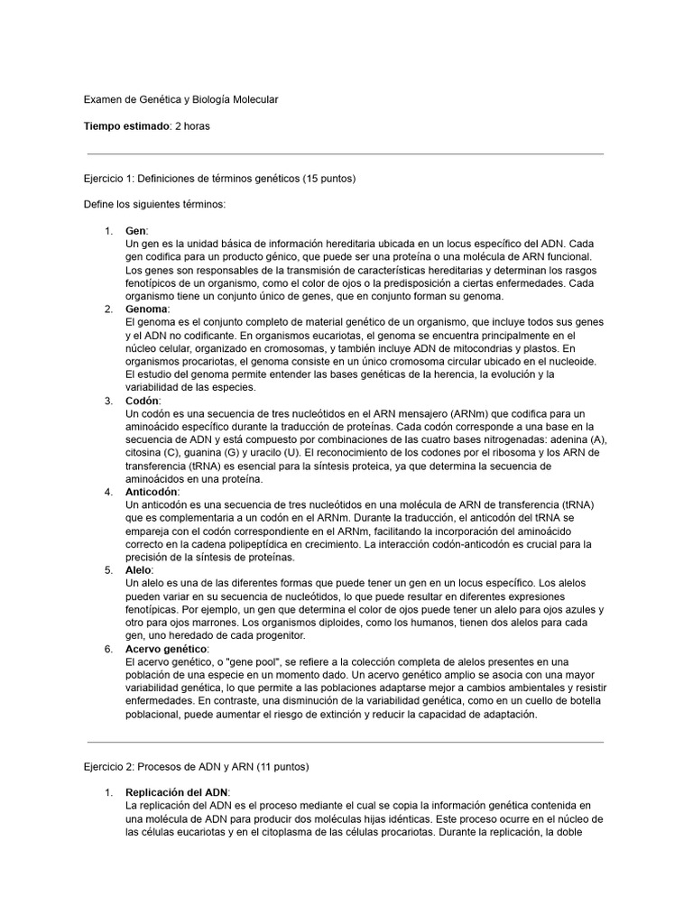 Examen de Genética y Biología Molecular Correccion | PDF | Adn | Rna
