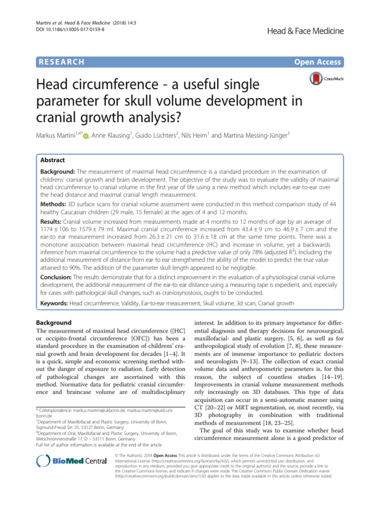 2018 - Head Circumference - A Useful Single Parameter For Skull Volume Development in Cranial ...