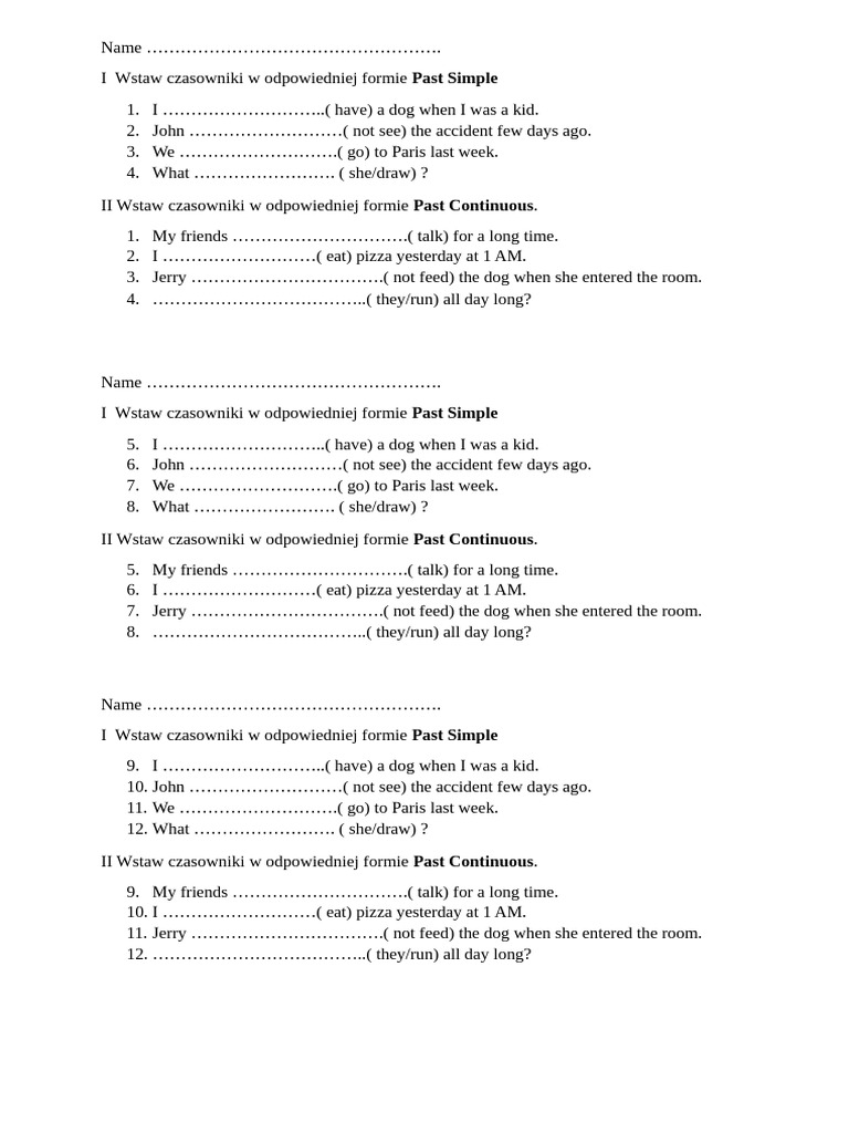 Kartkówka 8 Klasa Past Simple I Past Continuous | PDF