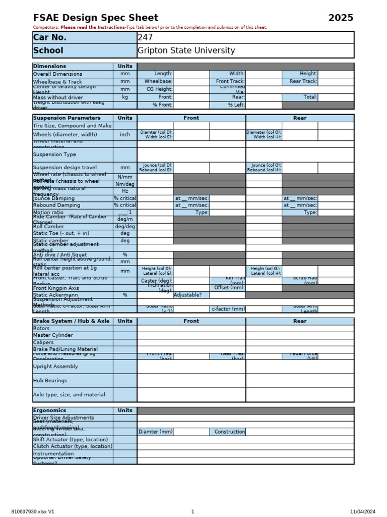 2025 FSAE Design IC Spec Sheet Template | PDF | Motor Vehicle | Land ...