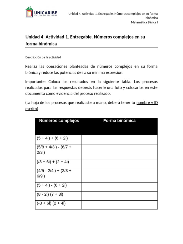 Unidad 4. Actividad 1. Entregable. Números Complejos en Su Forma Binómica | PDF
