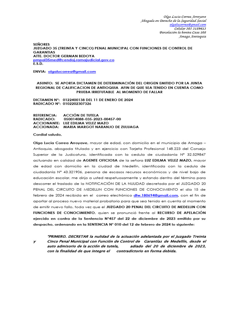 Accion de Tutela Juzgado 35 Penal Municipal de Medellin Con Funciones ... Accion de Tutela Juzgado 35 Penal Municipal de Medellin Con Funciones ...