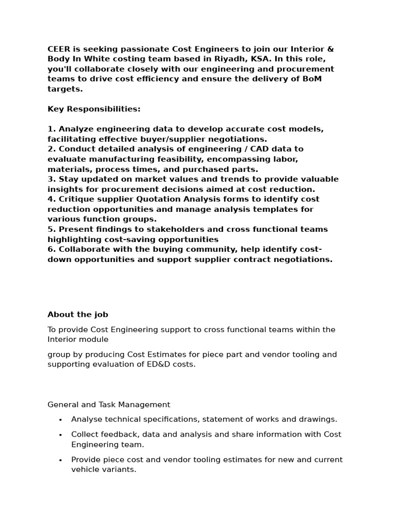 Cost Engineer Role in Automotive Costing | PDF | Procurement | Engineering