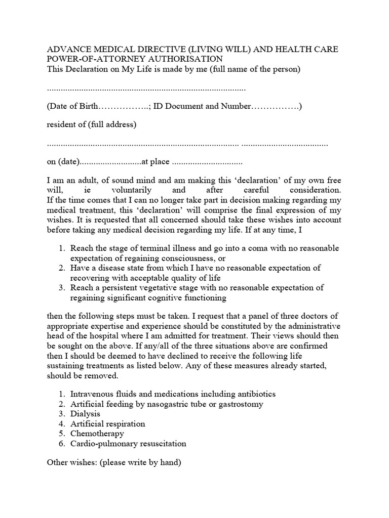 Advance Medical Directive Template | PDF | Health Care | Medicine