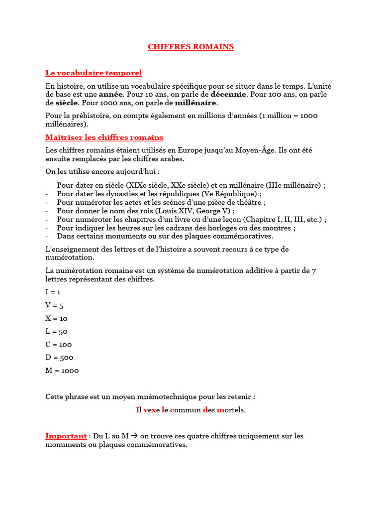 Maîtriser les Chiffres Romains en 6e | PDF