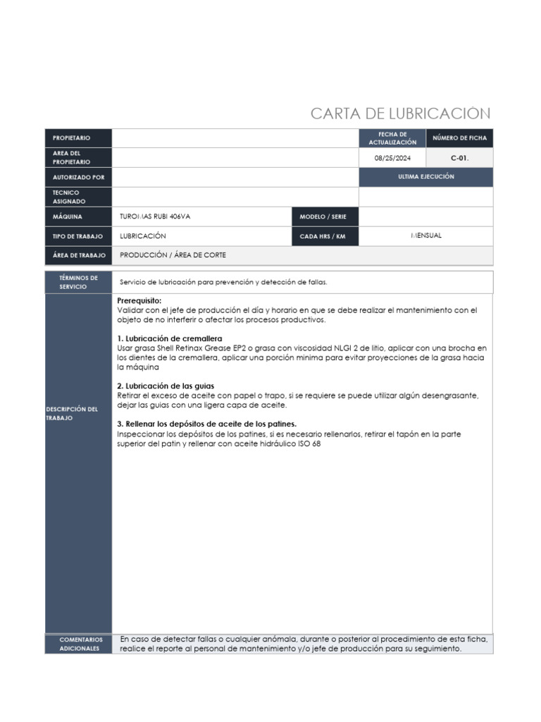 Carta de Lubricación Turomas | PDF