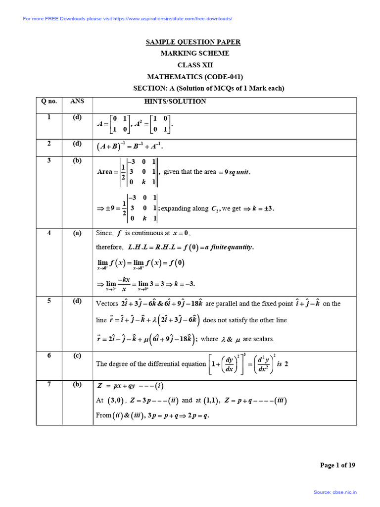 CBSE Sample Paper 2024 Class 12 Maths MS | PDF | Function (Mathematics ...