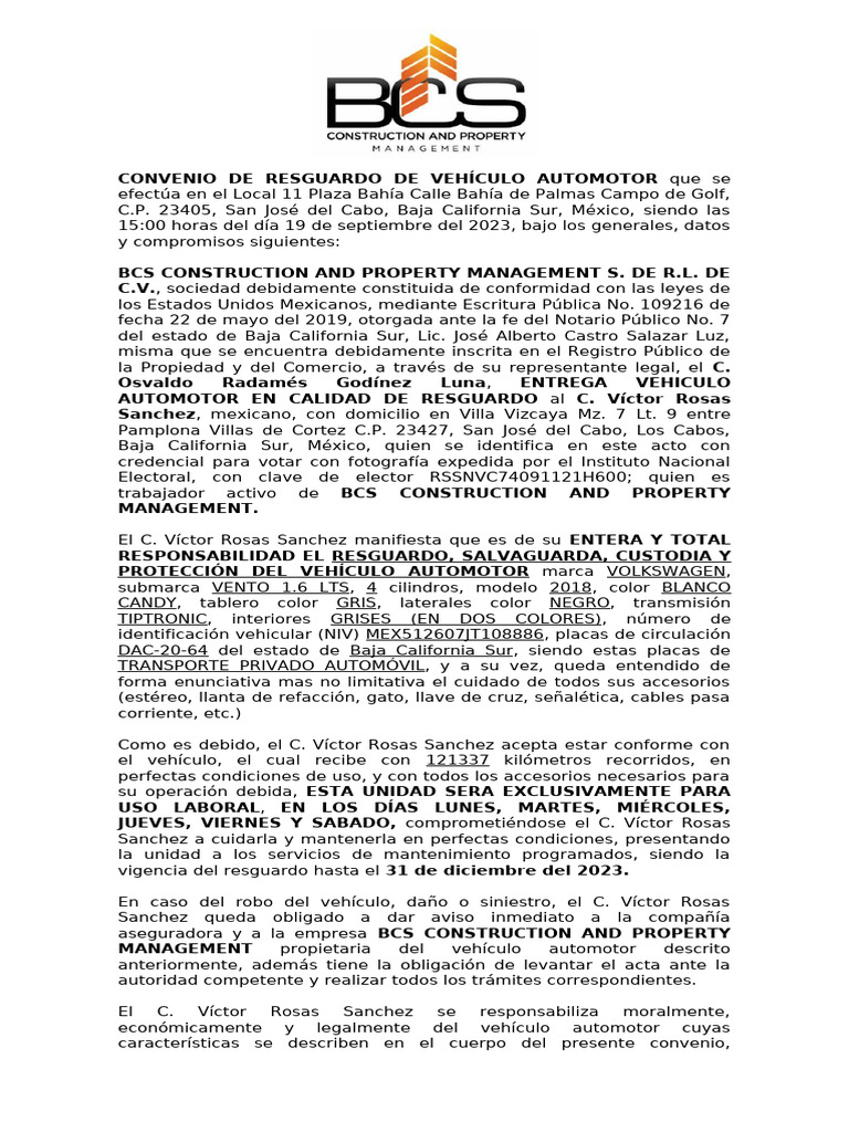 Convenio Resguardo Vehículo 2023 | PDF