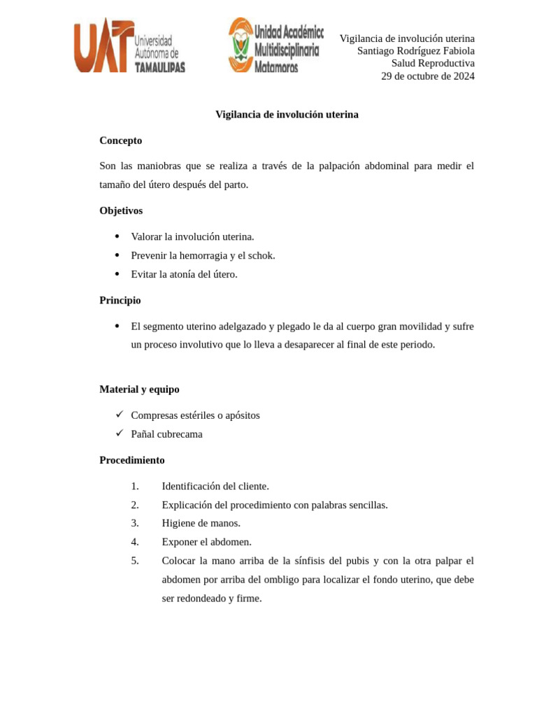 Vigilancia de la Involución Uterina | PDF | Parto | Periodo posparto