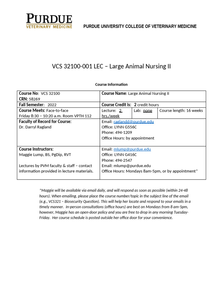VCS 321 Syllabus Fall 2023 | PDF | Veterinary Medicine | Nursing