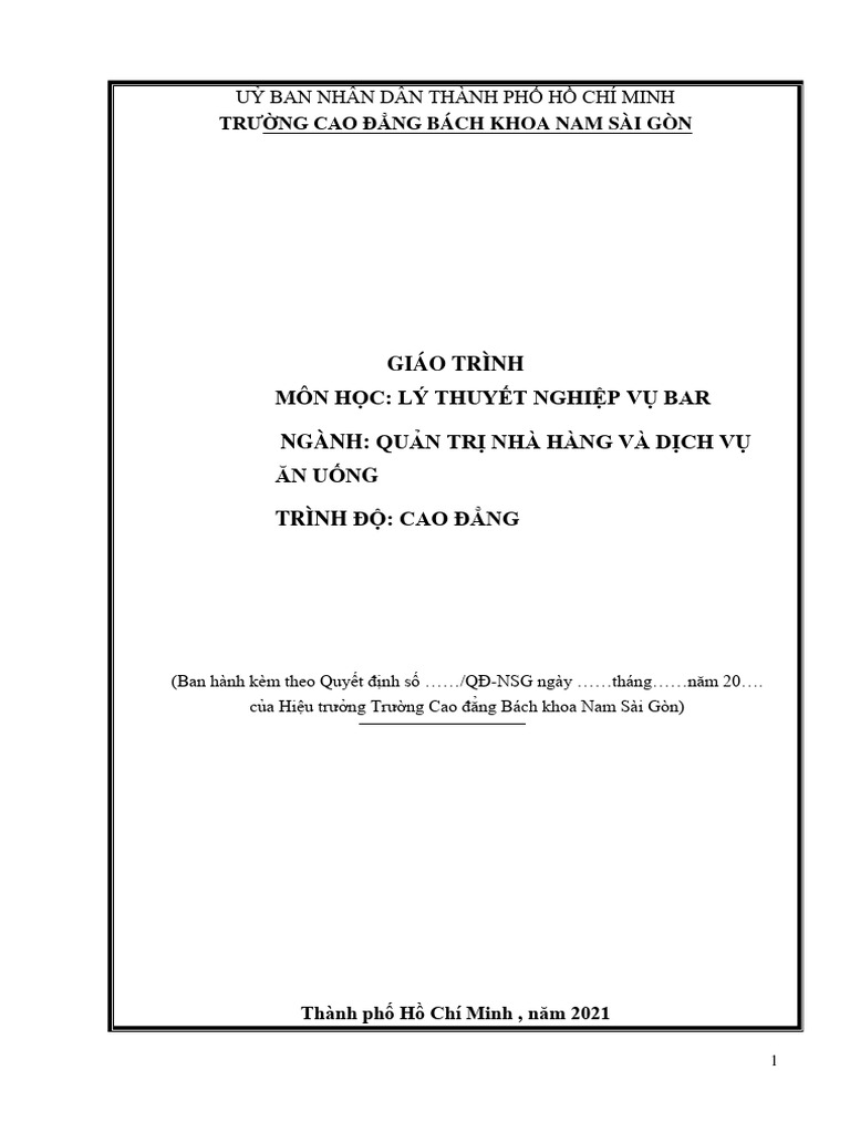 Giao Trinh Ly Thuyet Nghiep Vu Bar Nghe Quan Tri Nha Hang Va Dich Vu An Uong Cao Dang Phan 1 ...