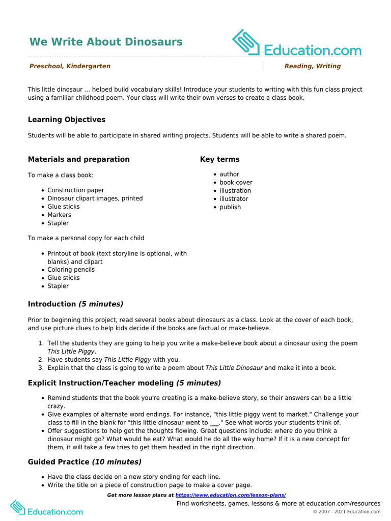 Dinosaur Writing Project for Kids | PDF | Books | Behavior Modification