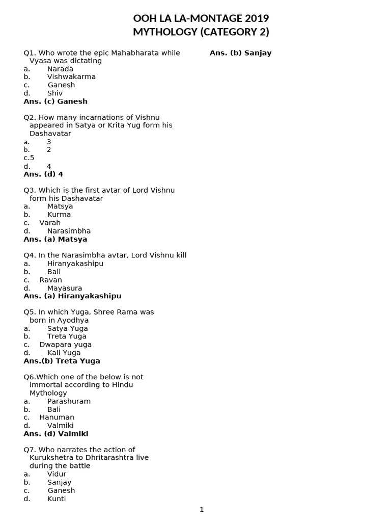 Mythology Quiz Questions | PDF | Sita | Ramayana