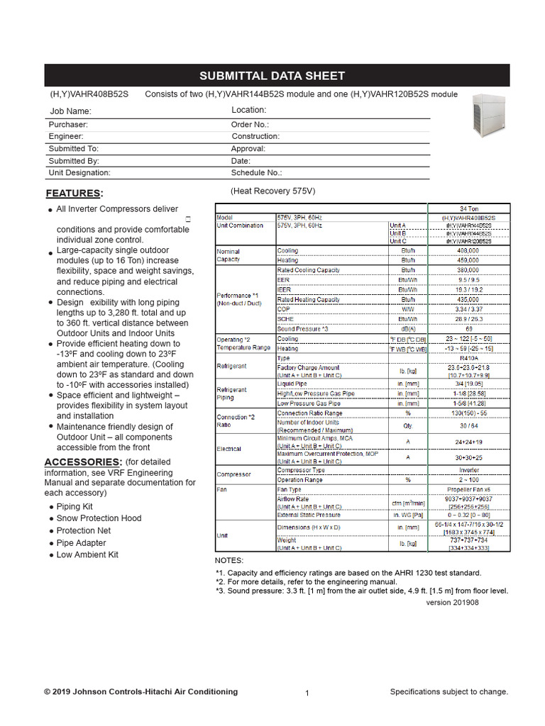 VRF Heat Recovery Unit Data Sheet | PDF | Air Conditioning | Energy ...