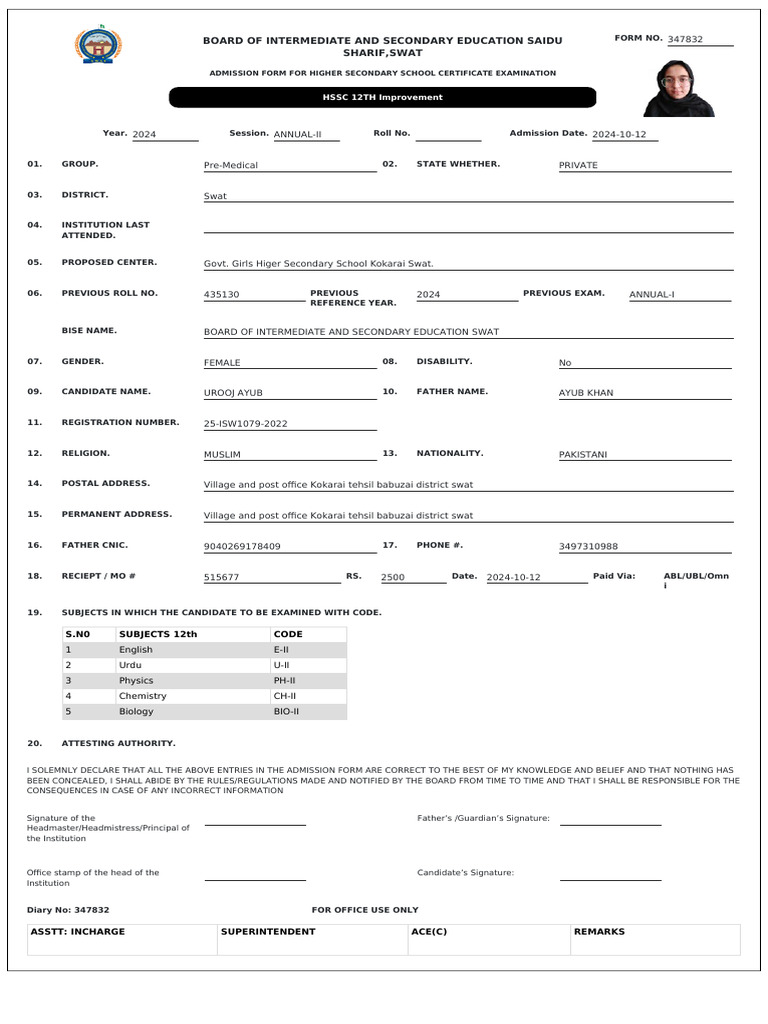 hssc_admission_form | PDF | Educational Stages