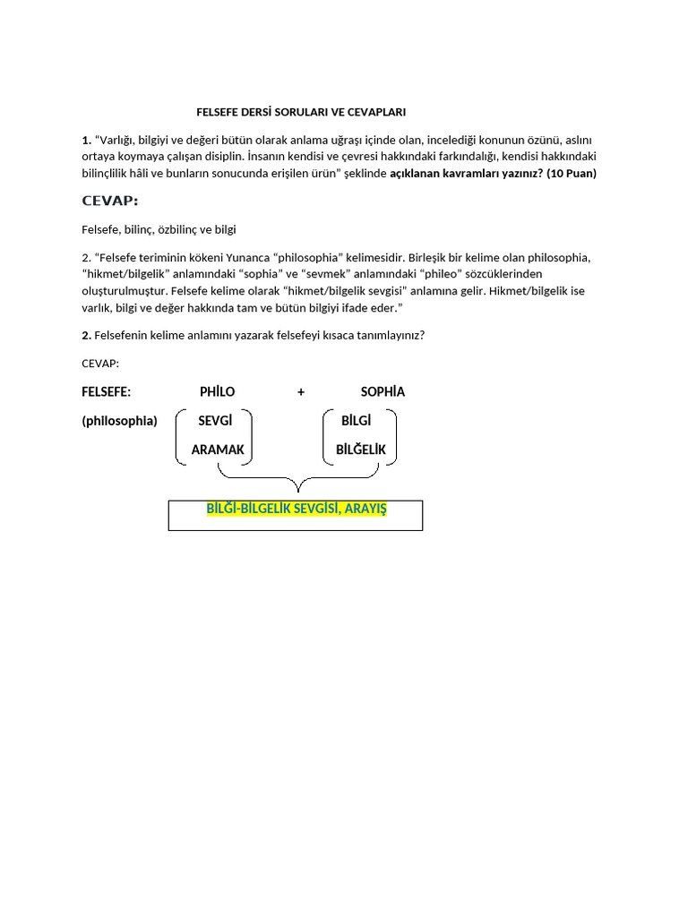 10.sinif Felsefe Dersi̇ Sorulari Ve Cevaplari | PDF