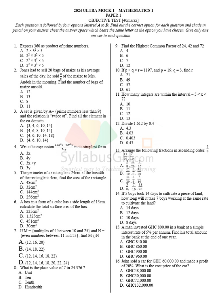 2024 Ultra Mock Mathematics 1 | PDF | Mathematics | Number Theory