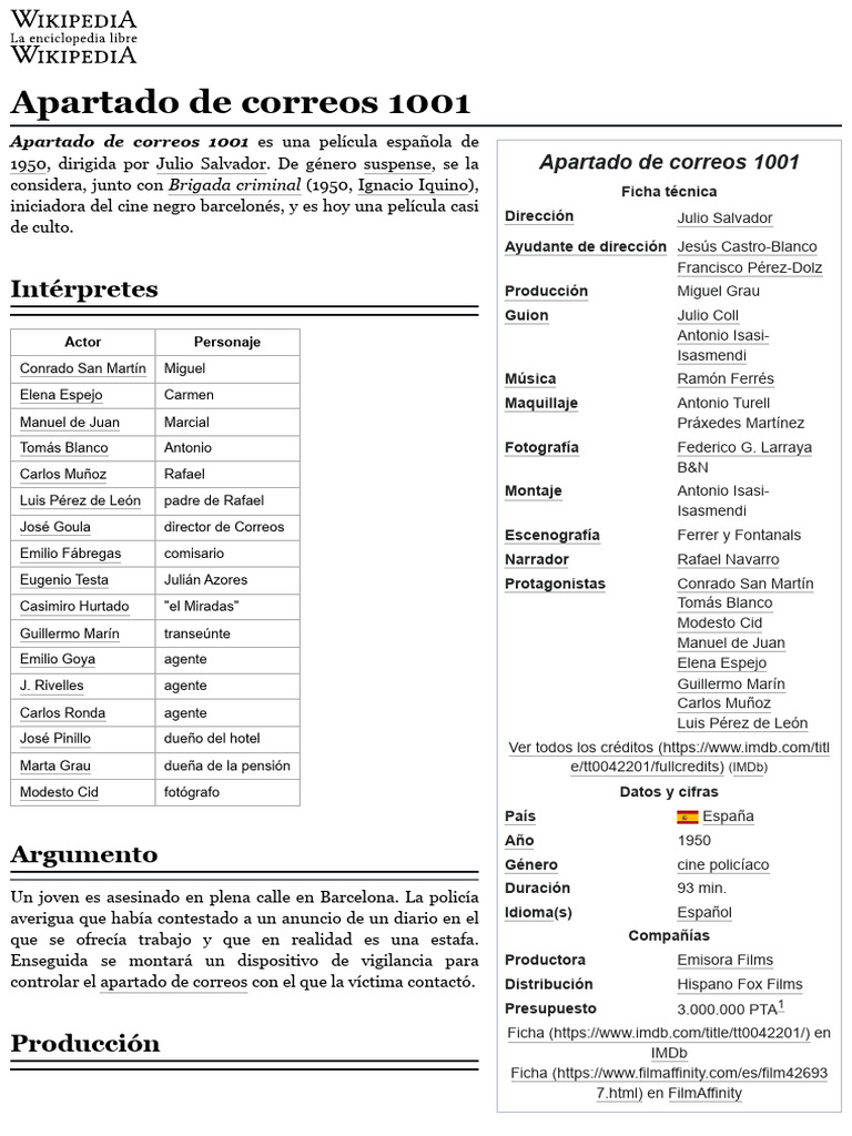 Apartado de Correos 1001 - Wikipedia, La Enciclopedia Libre | PDF