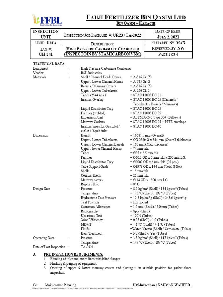 High Pressure Carbamate Condenser Inspection | PDF | Pipe (Fluid ...