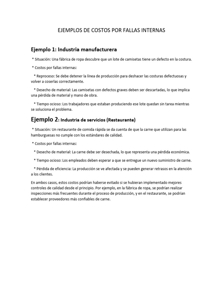 Costos por Fallas Internas: Ejemplos | PDF