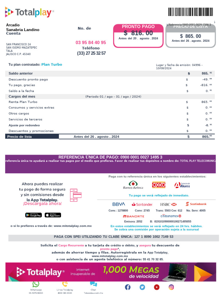 Recibo Totalplay y Pago 2024 | PDF | Industrias de servicio | Servicios ...
