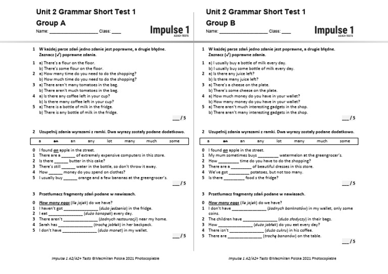 Unit 2 Grammar Short Test 1 A+B | PDF | Cuisine | Foods