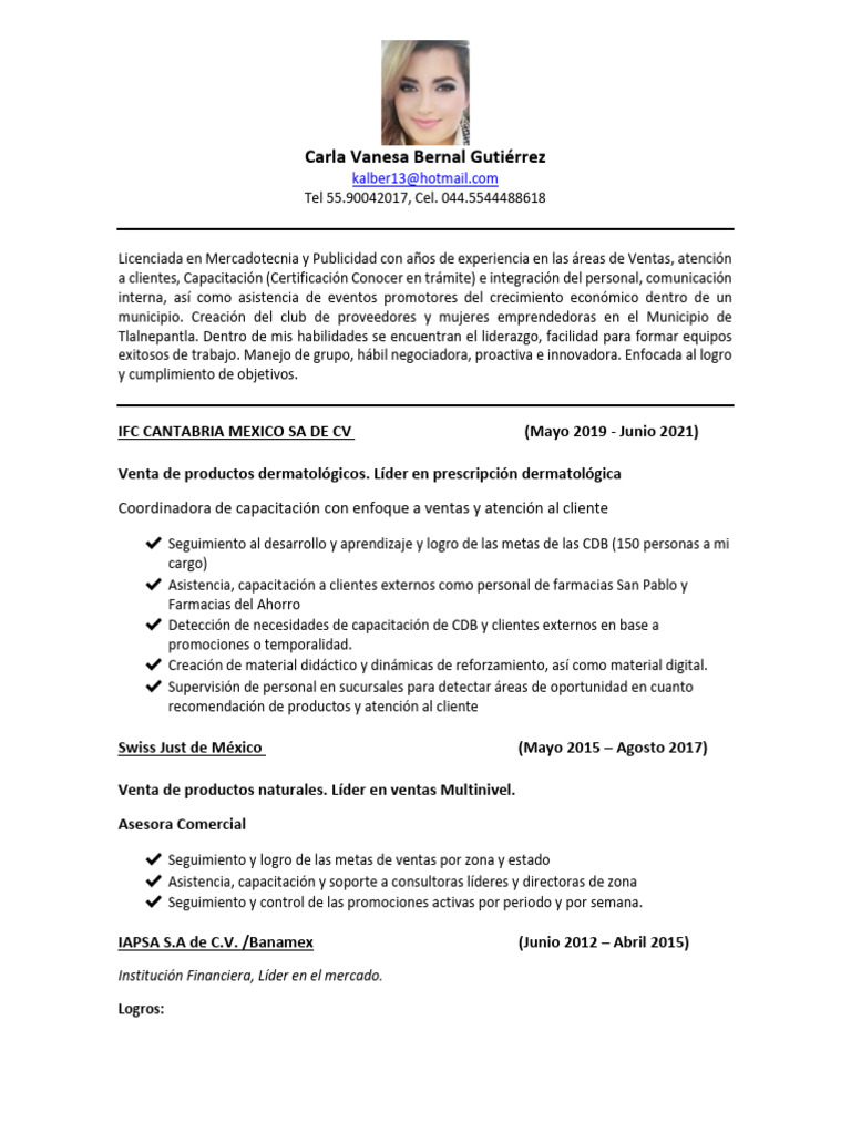 CV CARLA VANESA BERNAL GUTIERREZ | PDF | Marketing | Business