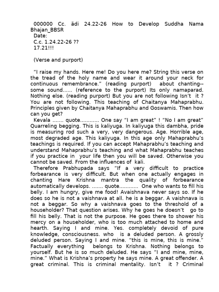 Cc. Adi 24.22-26 How To Develop Suddha Nama Bhajan - BBSR | PDF | Vaishnavism | Bhagavad Gita