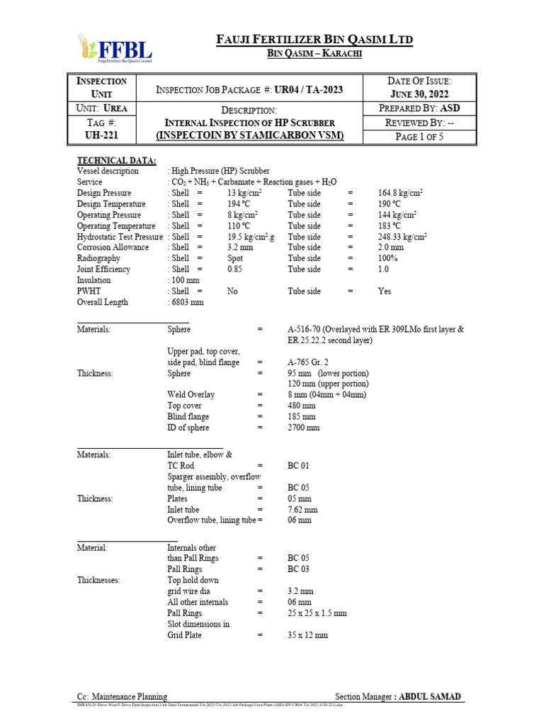 Urea Plant HP Scrubber Inspection Report | PDF | Welding | Construction