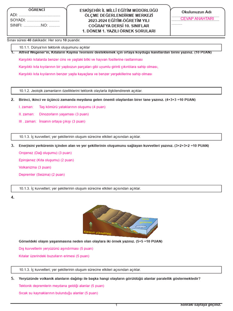2023-2024 10. Sinif 1. Doynem 1. Sinav Oyrnek Sorulari - Cevap Anahtari | PDF
