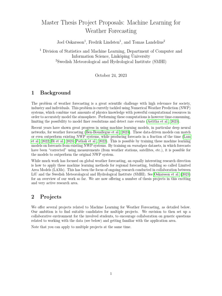Master Thesis Project Proposals Machine Learning for Weather Forecasting | PDF | Numerical ...