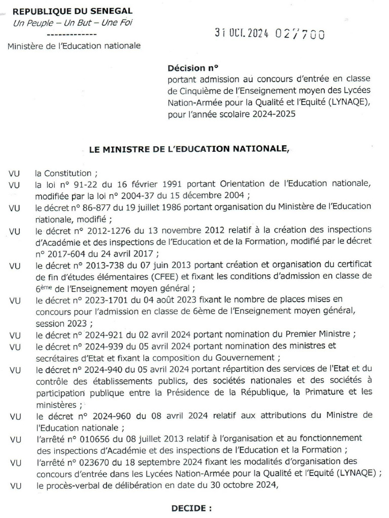 Décision Portant Admission Au Concours D'entrée en Classe de Cinquième ...