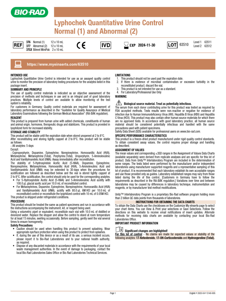 Lyphochek Quantitative Urine Control Normal (1) and Abnormal | PDF ...