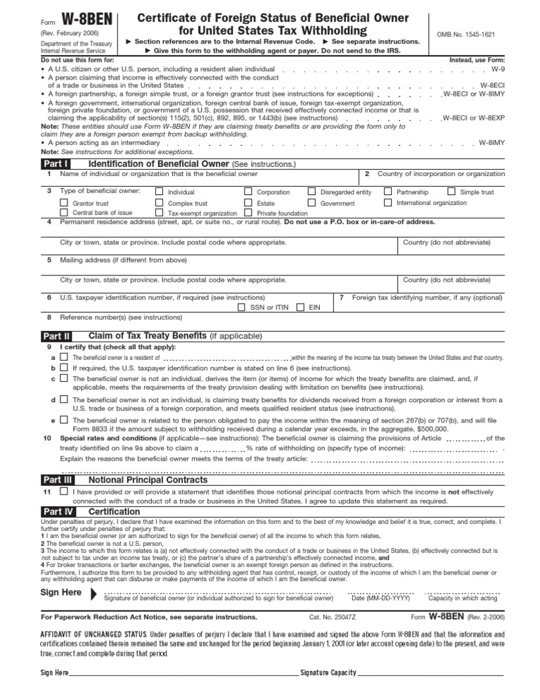 IRS Form W-8BEN With Affidavit of Unchanged Status Instructions Feb 2006[1] | Irs Tax Forms ...