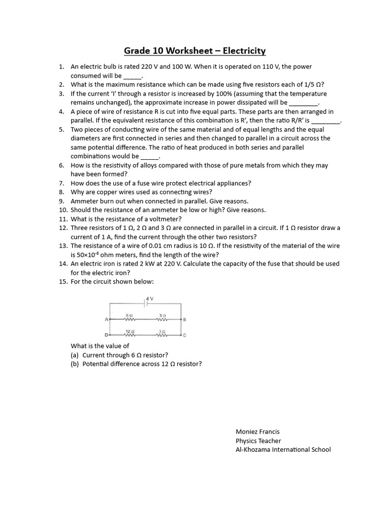 GR 10 Physics Electricity - Worksheet | PDF | Science & Mathematics | Technology & Engineering