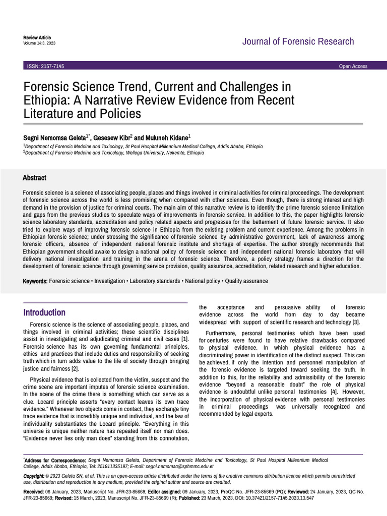 Forensic Science Trend Current and Challenges in Ethiopia A Narrative Review Evidence From ...