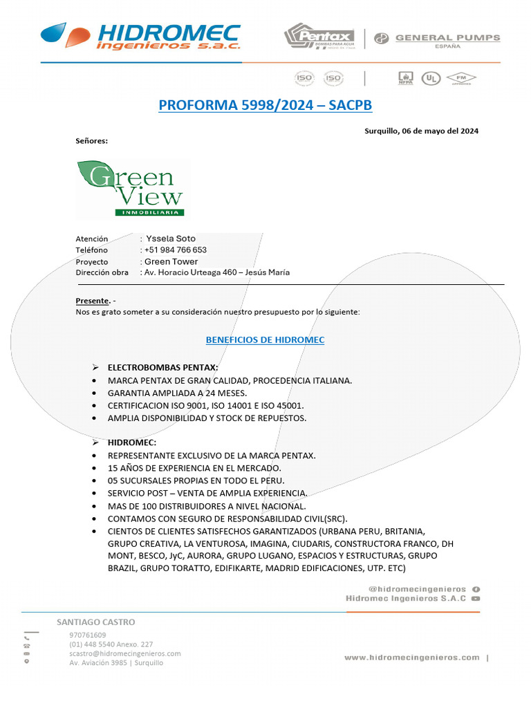 Proforma 5998 - 2024 - Green Tower - Green View - Sacpb | PDF | Bomba | Ingeniería mecánica