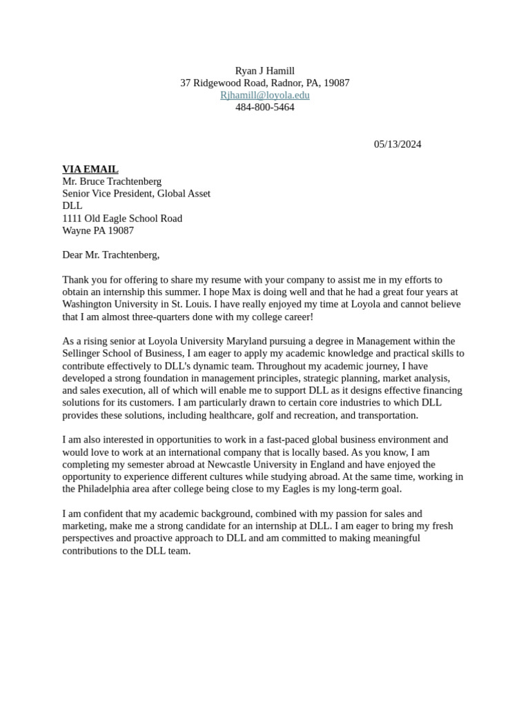 Ryan Hamill DLL Cover Letter | PDF | Business