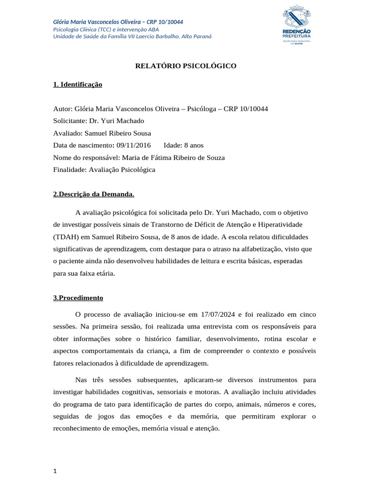 modelo relatorio psicologico | PDF | Psicologia | Avaliação psicológica