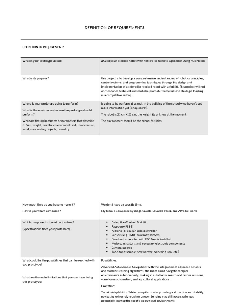 DEFINITION OF REQUIREMENTS | PDF | Robot | Robotics