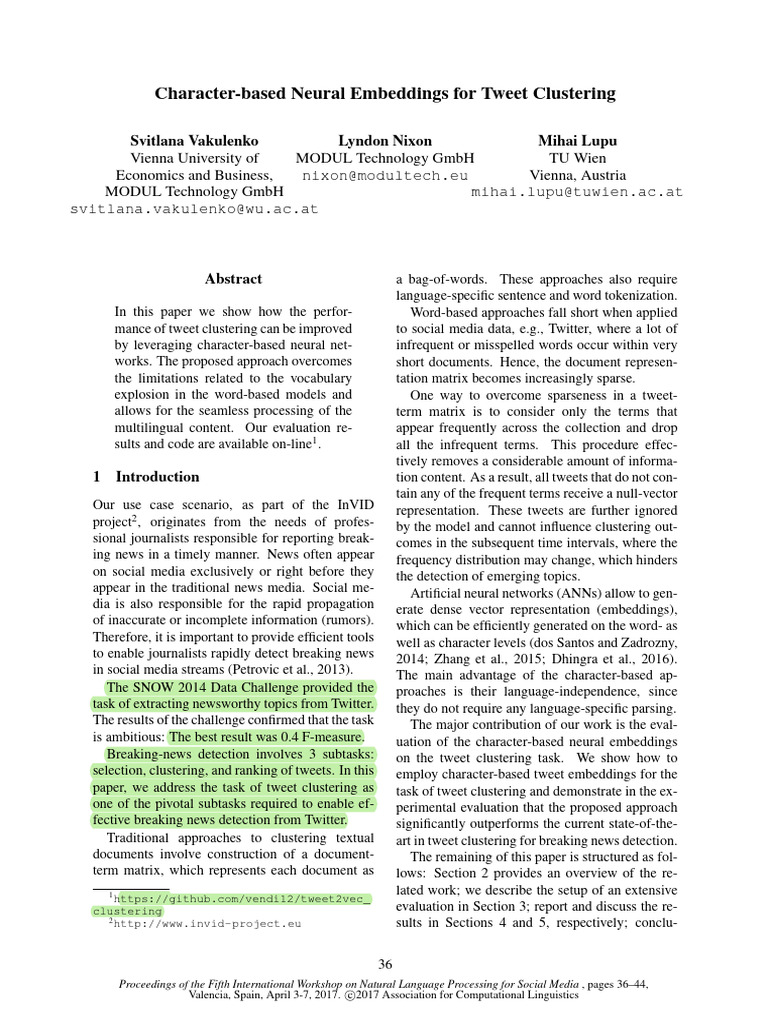 Character-based Neural Embeddings for Tweet Clustering | PDF | Cluster Analysis | Machine Learning