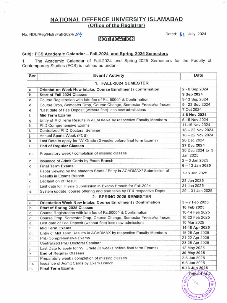 FCS-Academic-Calendar - Fall - 2024-and-Spring-2025-Semesters PDF | PDF