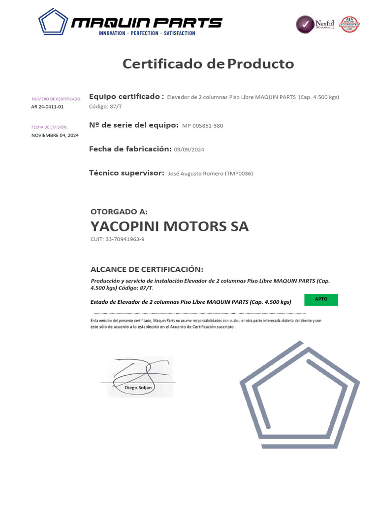 Certificado N AR 24-0411-01 Normas ISO - 9001 - 2015 Maquin Parts COD ...