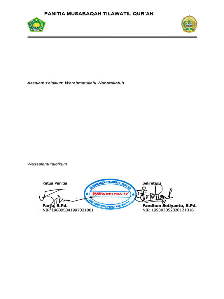 Undangan MTQ Pengawas SD | PDF