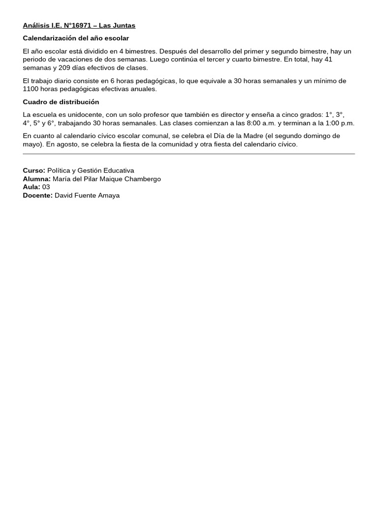 Analisis de Calendarizacion I.E. #16971 | PDF | Salud y bienestar