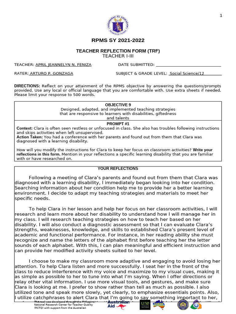Appendix 4A Teacher Reflection Form For T I III For RPMS SY 2021 2022 ...